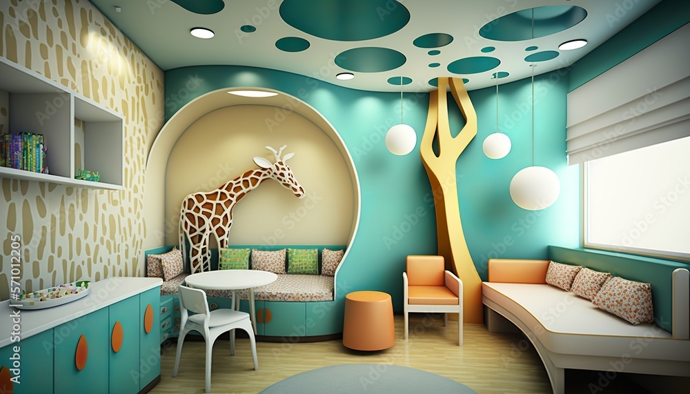 a beautiful, colorful child-friendly waiting room in a children's ...