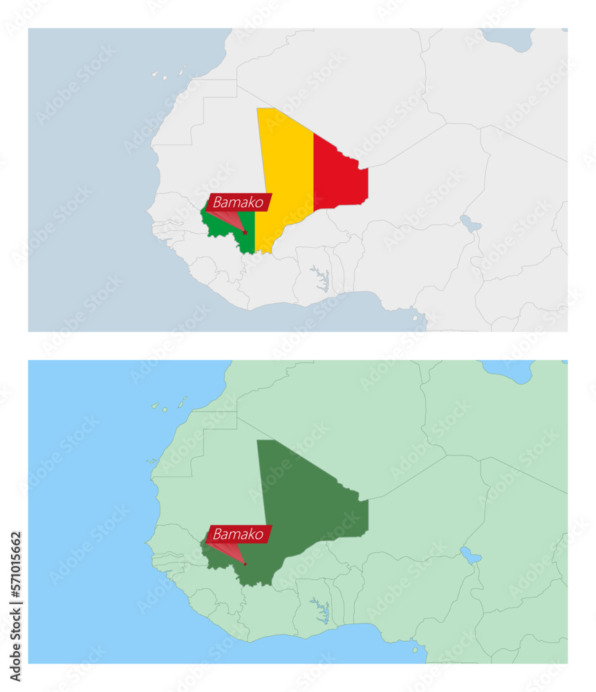 Mali map with pin of country capital. Two types of Mali map with ...