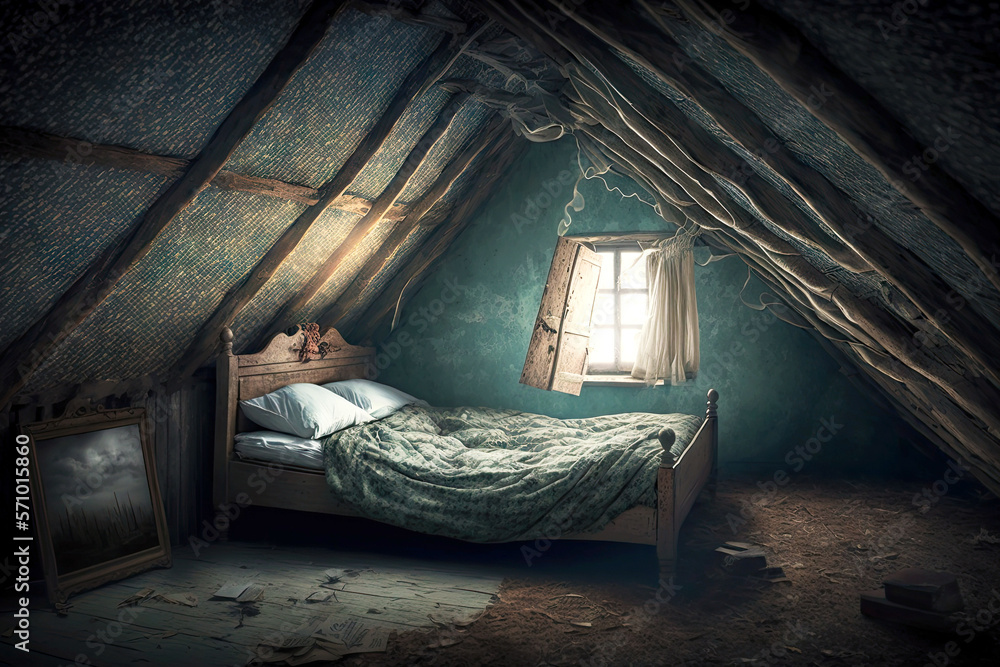 dusty and shabby attic bedroom at night with tattered bed against ...