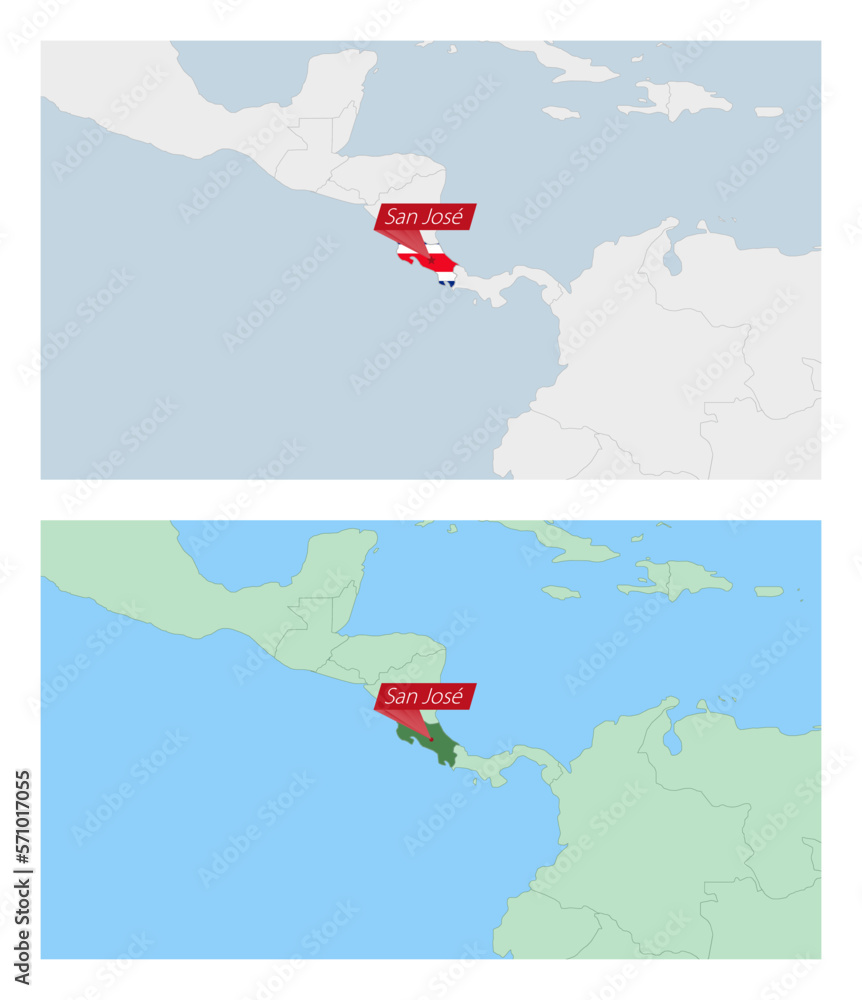 Costa Rica map with pin of country capital. Two types of Costa Rica map ...