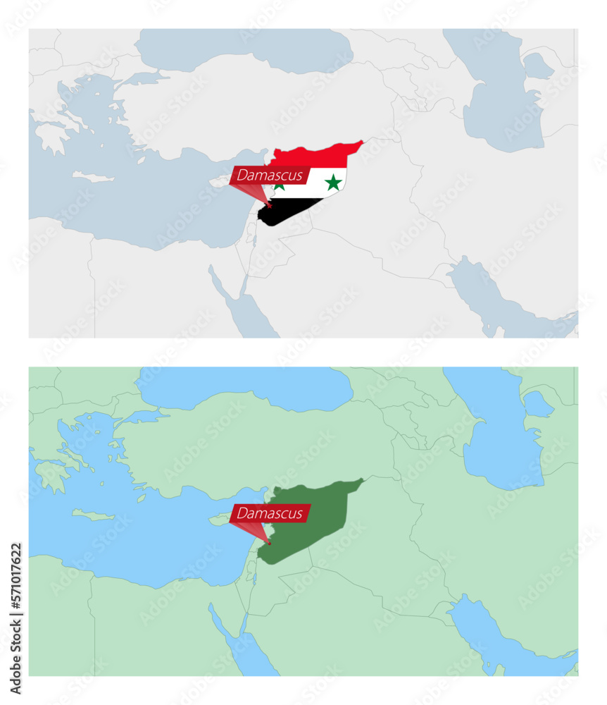 Vetor de Syria map with pin of country capital. Two types of Syria map ...
