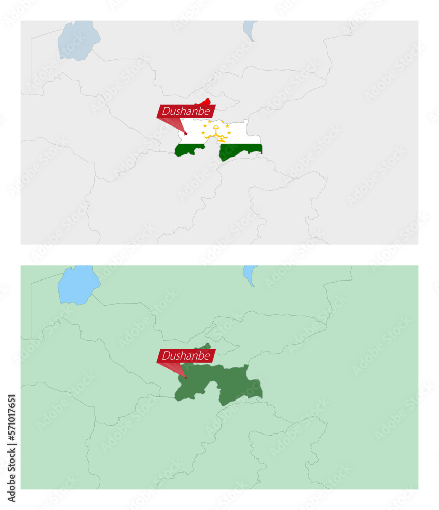 Vektorová grafika „Tajikistan map with pin of country capital. Two ... Vektorová grafika „Tajikistan map with pin of country capital. Two ...