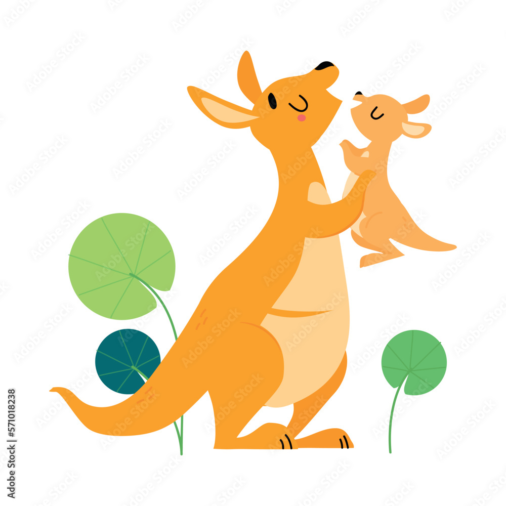 Kangaroo family. Cute mom kangaroo hugging her baby cartoon vector ...