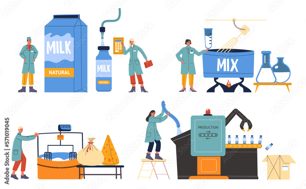 Dairy production industry. Milk processing scenes. Cheese factory ...