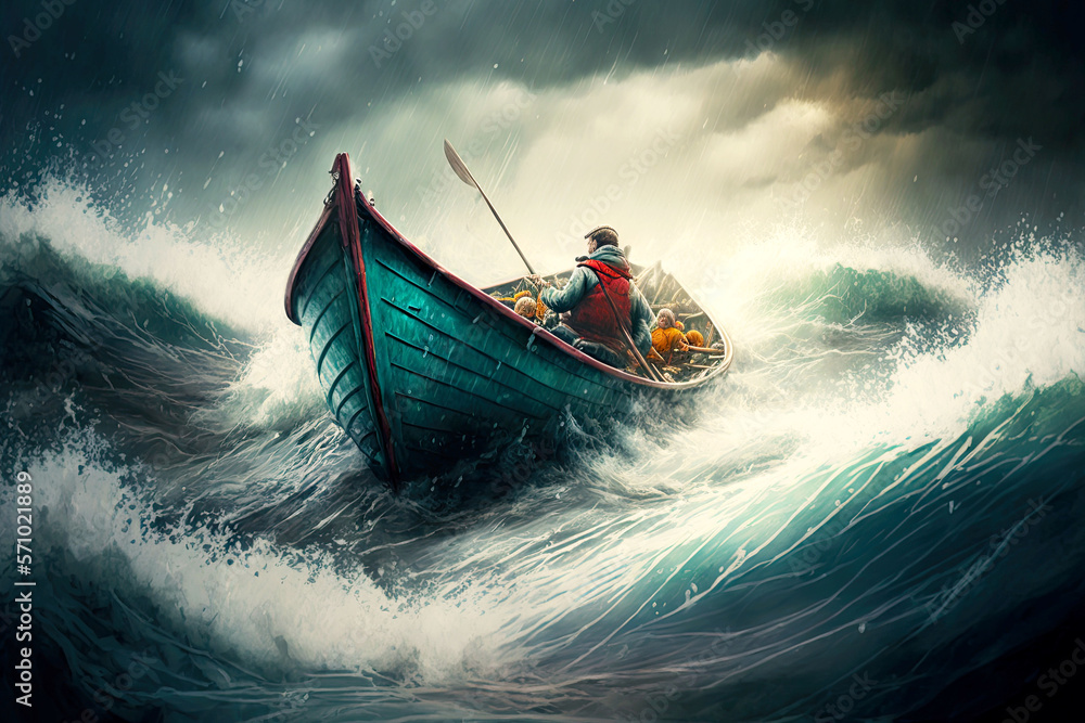 small canoe during storm on water boat in a rough sea, generative ai ...