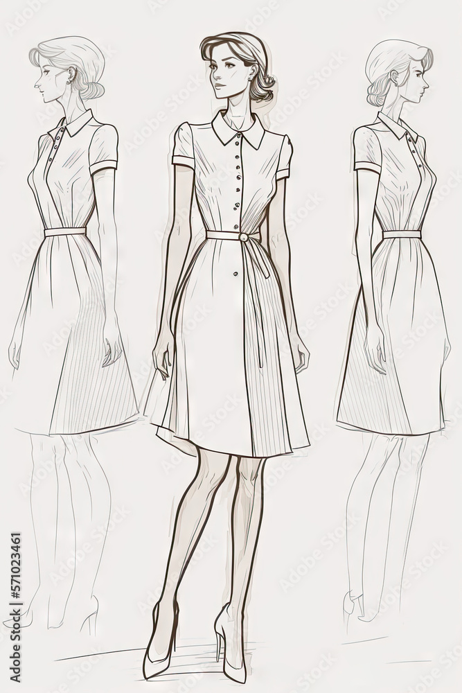 Whole body female fashion illustration, line art drawing Stock ...