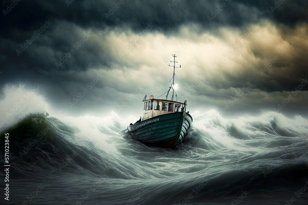 small fishing boat on stormy sea coast, generative ai ilustración de ...