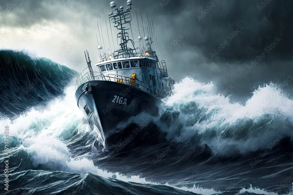 high waves and storm at sea boats going on autopilot boat in a rough ...