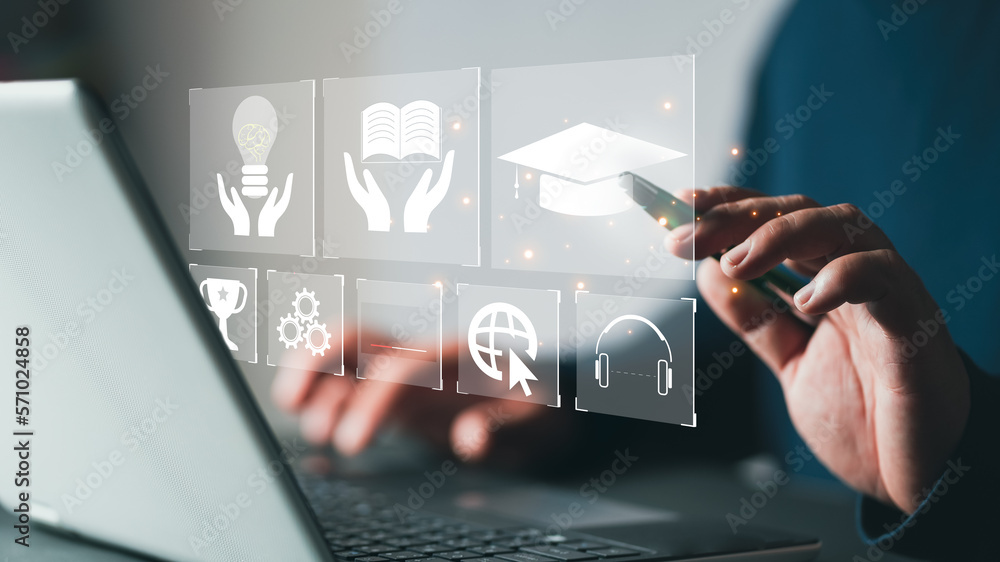 Concept of Online education. man use Online education training and e ...