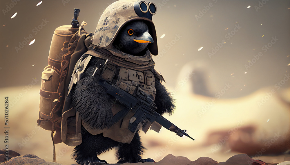 A pinguin as a solder in special forces on battlefield with full gear ...