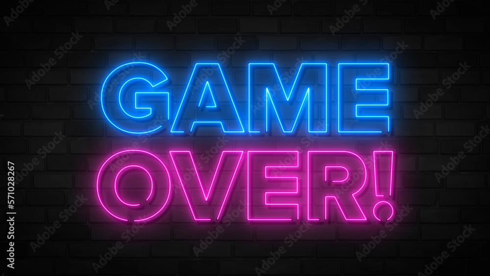 Game over neon text with a brick wall background. Design template ...