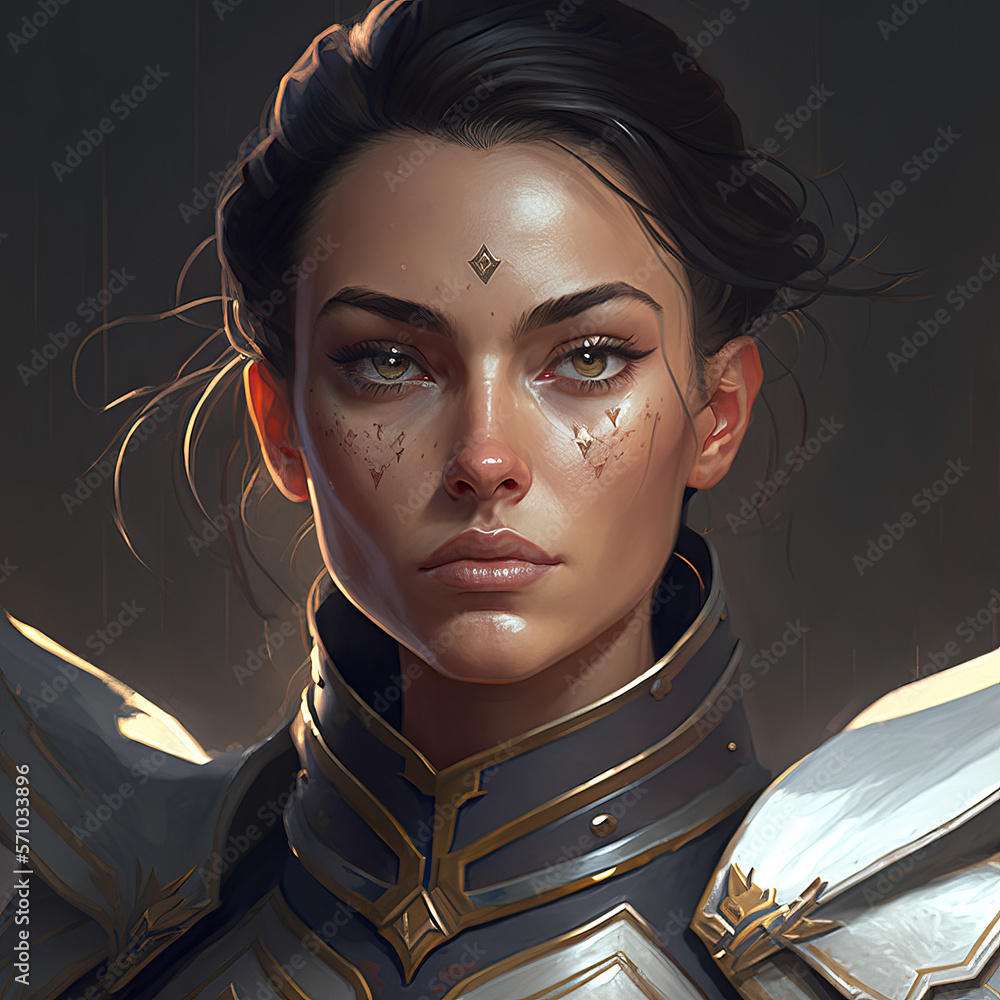 A calm female warrior donning gilded armor and a protective helmet ...