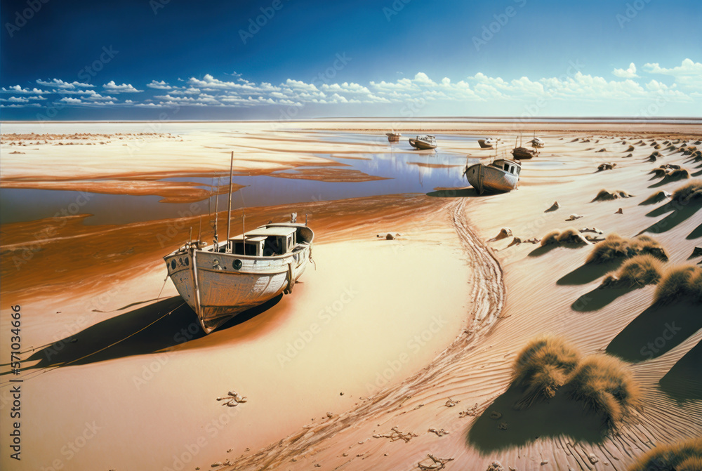 paisaje destruido por la sequía, océano seco barcos y coches oxidado ...