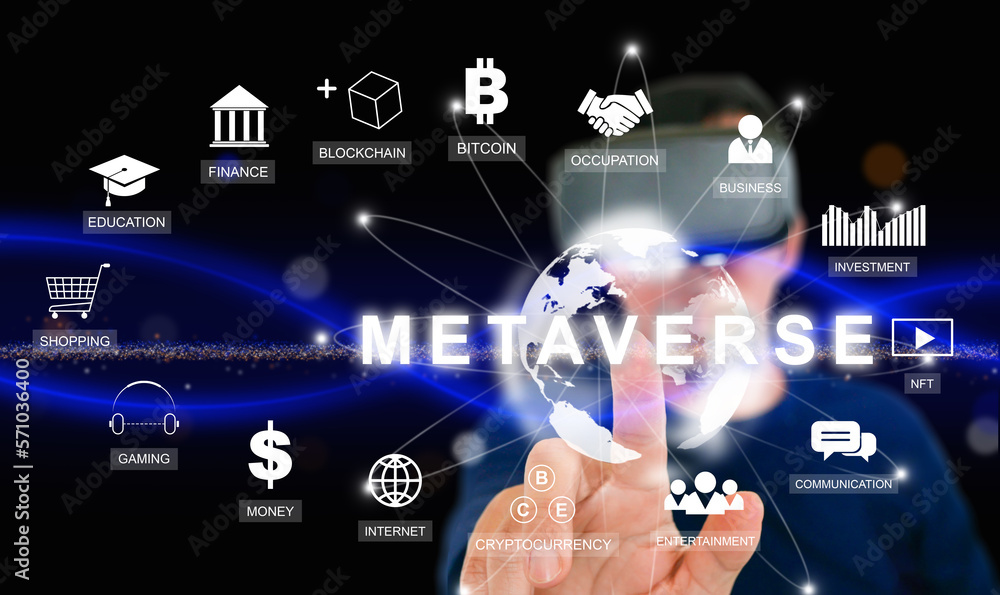 Metaverse. A man wearing VR glasses activates Metaverse with a simple ...