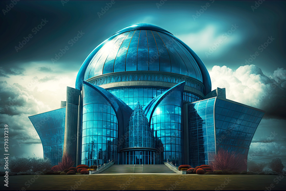 futuristic university building with blue dome and high glass ...
