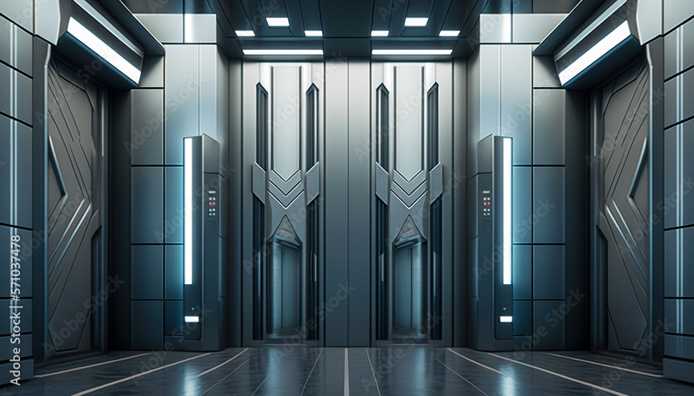 Futuristic elevator doors, entrance hall to a future skyscraper ...