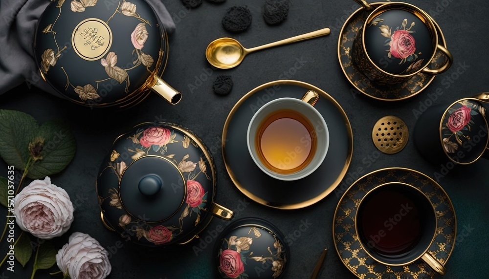 a table topped with black and gold tea cups and saucers and a teapot ...