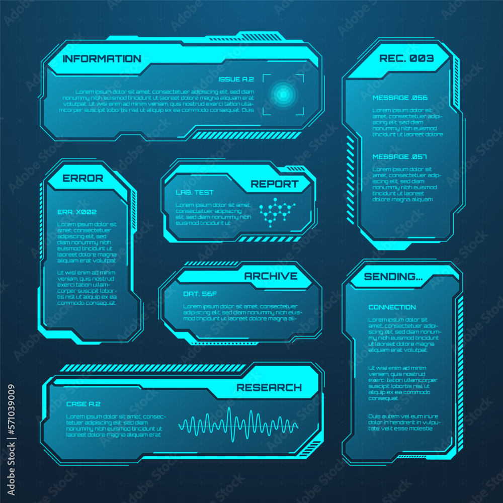 Blue futuristic HUD or UI elements. Sci-fi user interface text boxes ...