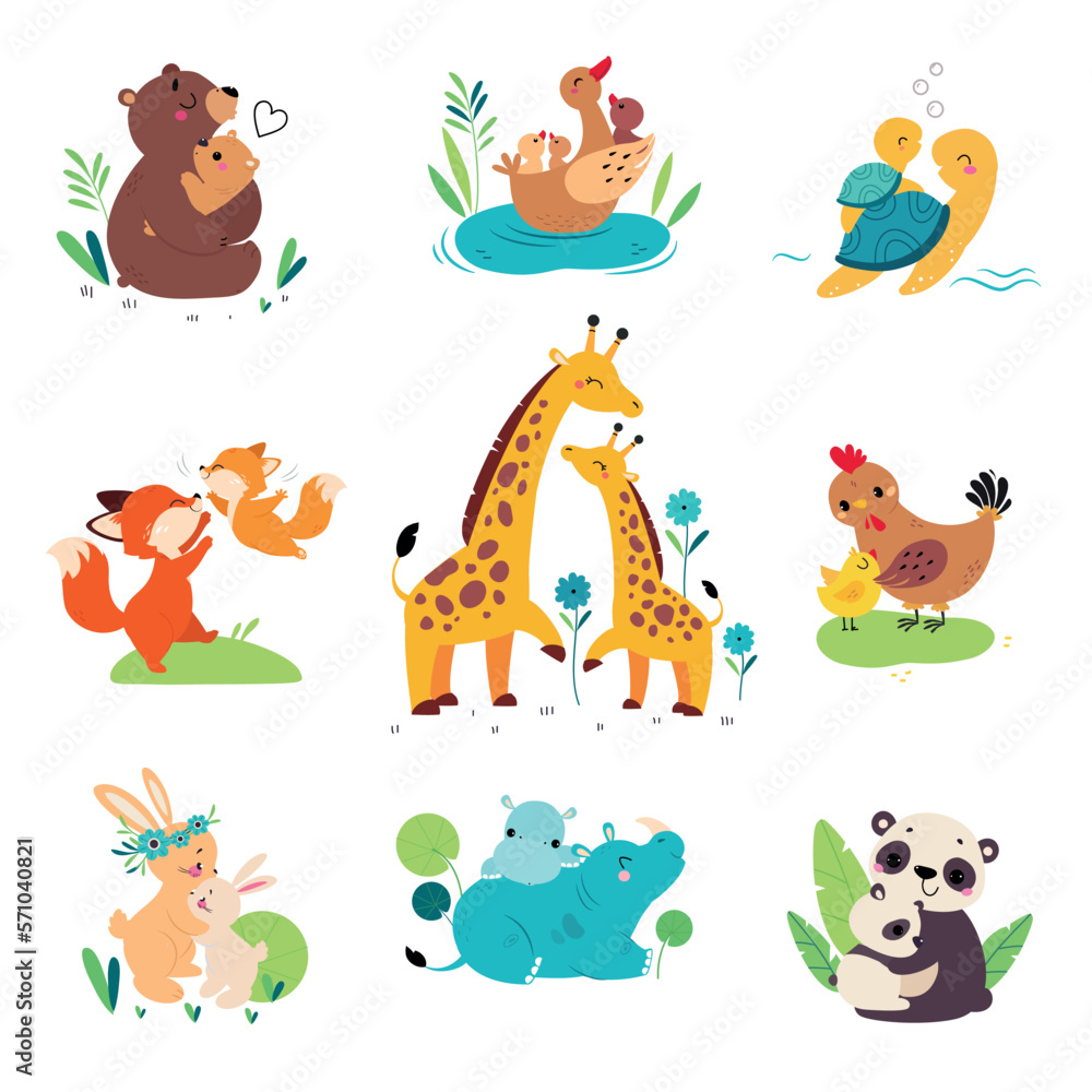 Vektorová grafika „Mom and baby animals. Cute moms hugging her babies ...