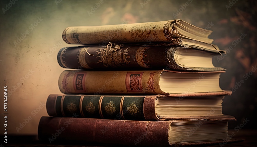 vintage ancient old books stack on table with smoke or mist drift, idea ...