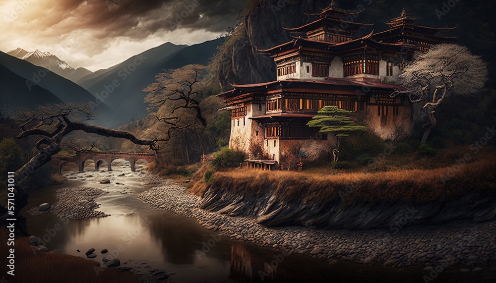 ancient Asian style building on rock cliff, idea for Asian background ...