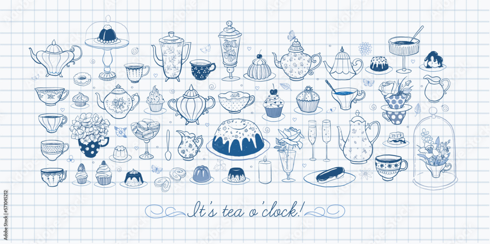 English tea party doodles with sweets and vintage tea set on lined ...