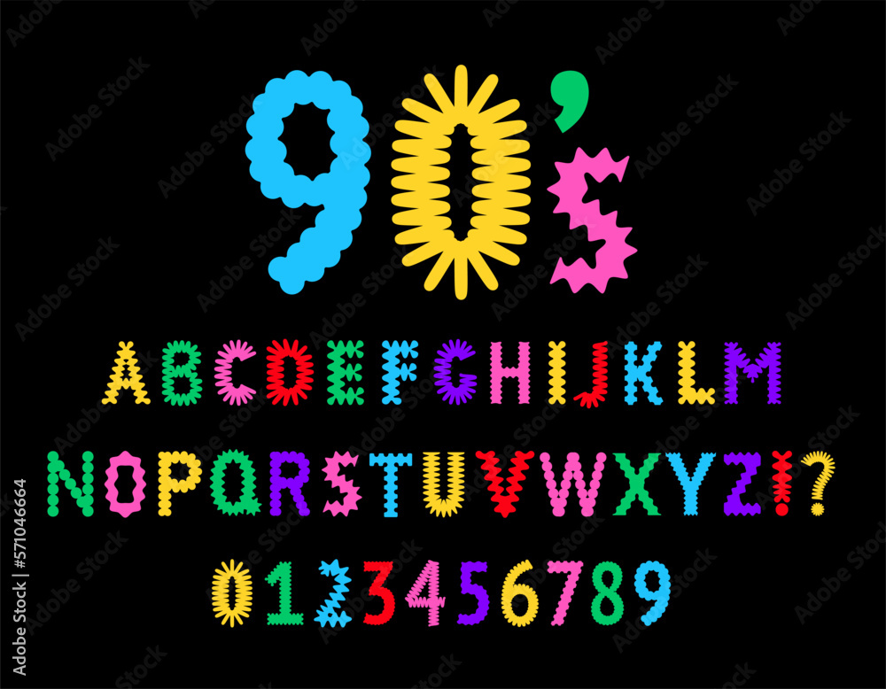 90s style font alphabet. Bright, colorful letters and numbers ...