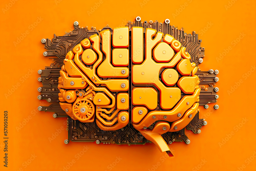 image of human brain machine learning system on orange background ...