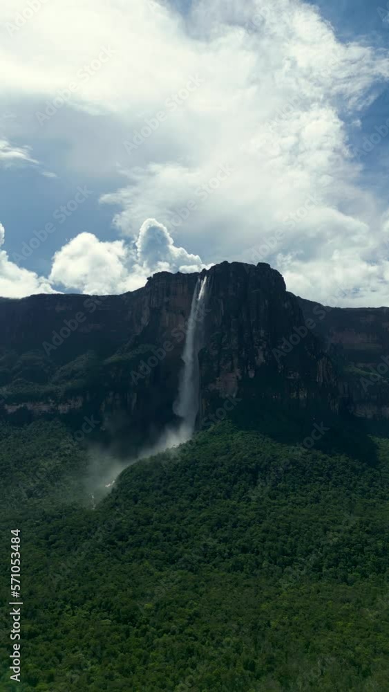 Vertical aerial view of beautiful Angel waterfall. A huge flow of water ...