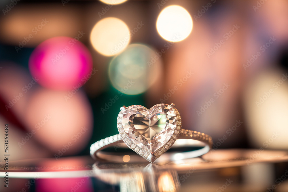 heart shaped diamond engagement ring isolated over a simple bokeh ...
