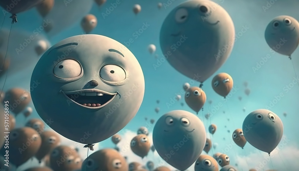 a bunch of balloons that are flying in the sky with faces on them and ...