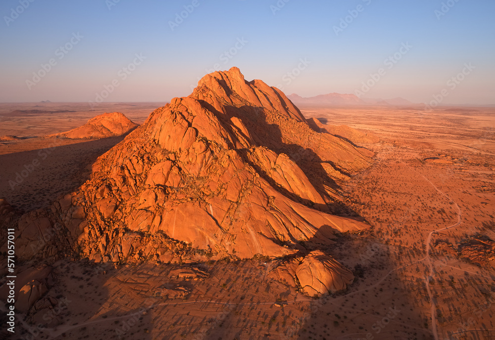 Aerial view of Spitzkoppe and surroundings. Campsites at the foot of ...