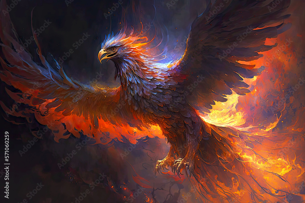 high in sky among burning flames enormous bird phoenix firebird ...