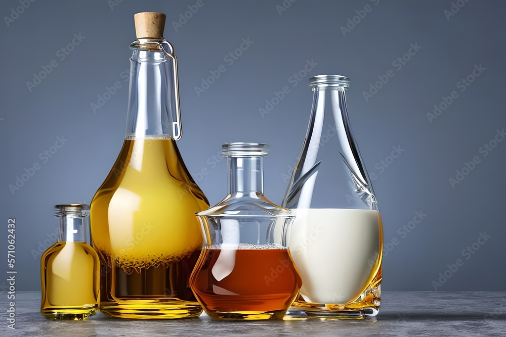 Bottles without labels or text filled with different liquids ...