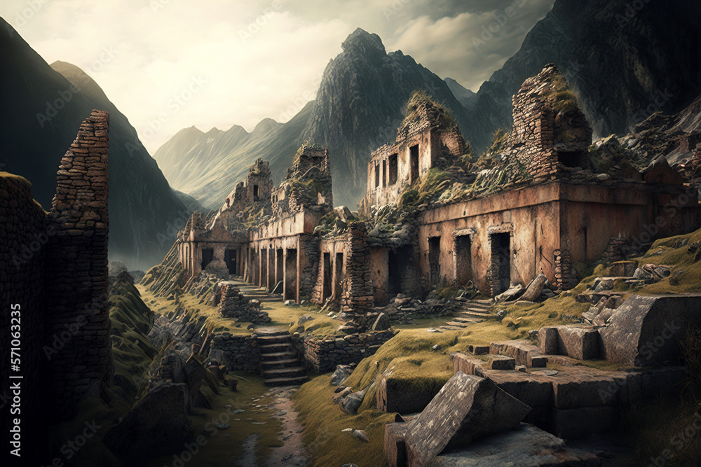 Inca city ruins in mountains, old stone temples and houses in jungle ...