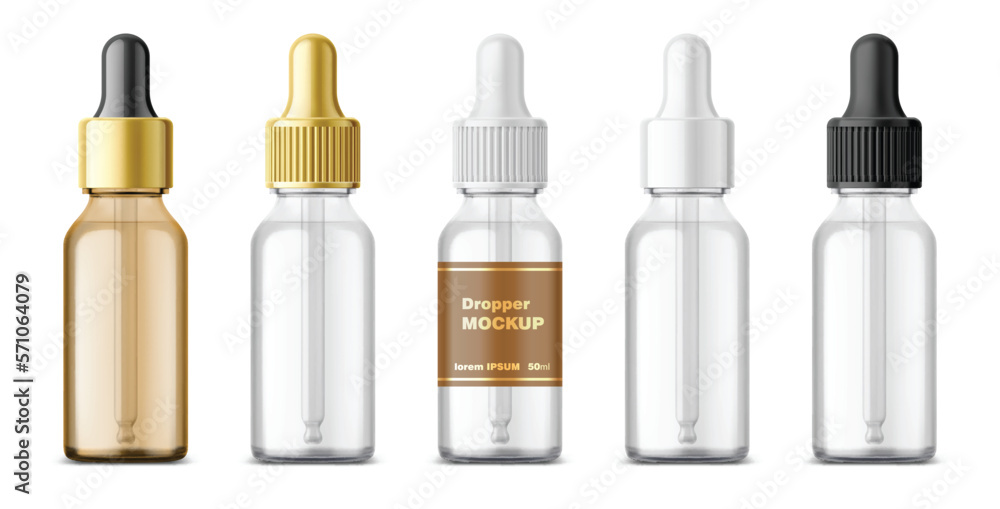 Realistic dropper glass bottle set. Cosmetic blank vials for liquid ...