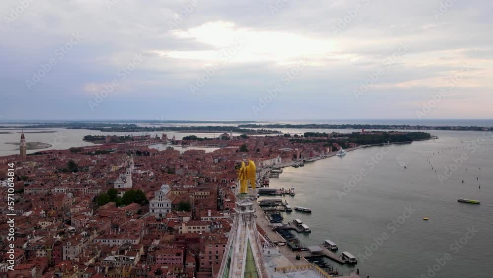 Venetian lagoon, Aerial view of Statue of the archangel Gabriel on top ...