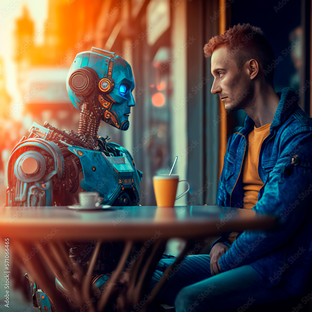 young man having a date with a robot, futuristic concept of love and ...