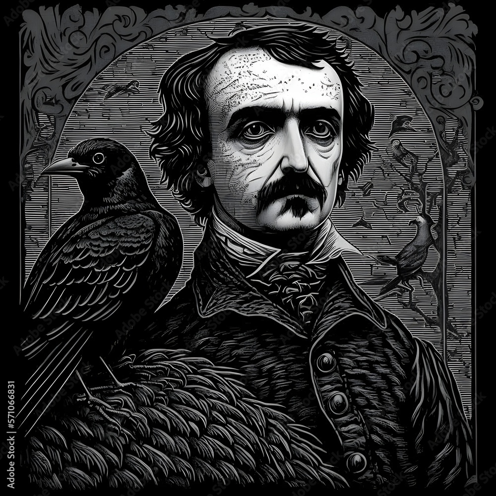Edgar Allan Poe crow on shoulder hyper realistic gothic Victorian 1800s ...