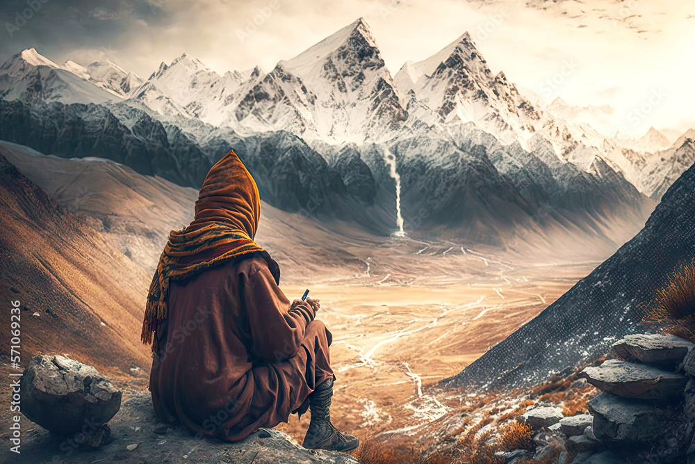 person reciting mantra at himalayan mountains, generative ai Stock ...