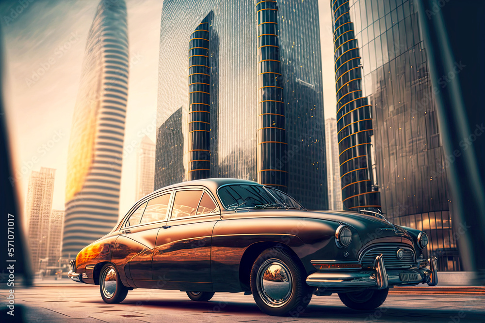 vintage car in modern city against background of tall glass buildings ...
