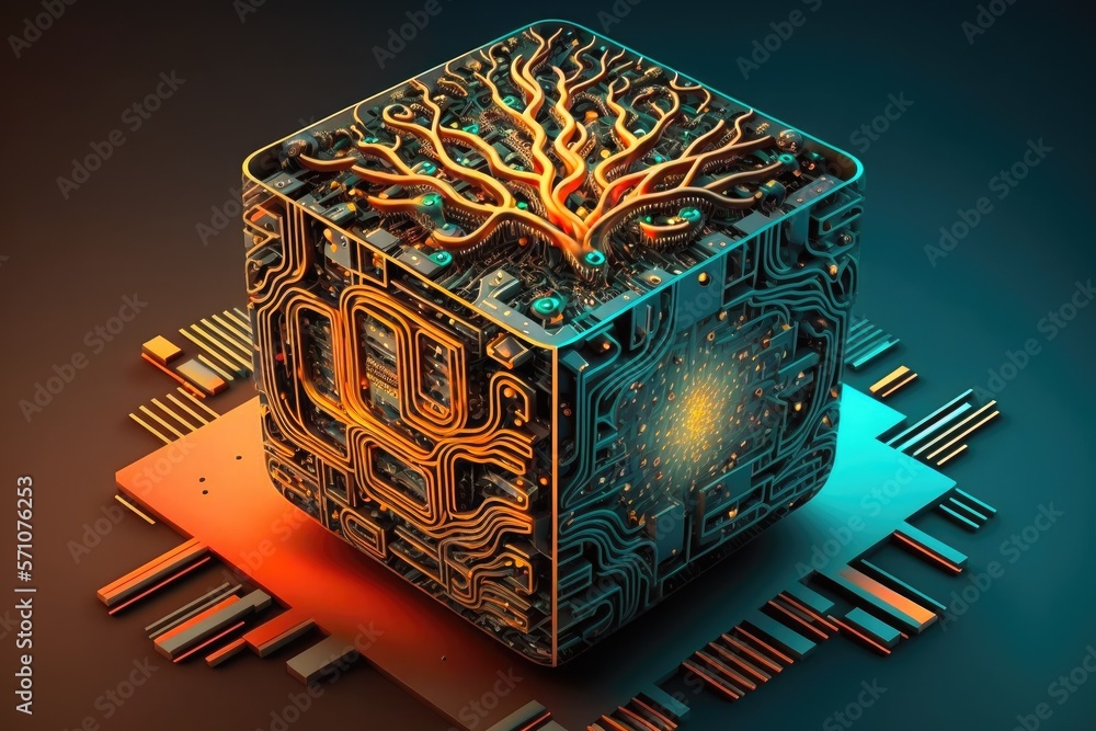 Microchip inside cloud of dots and lines in shape of cube, modified ...