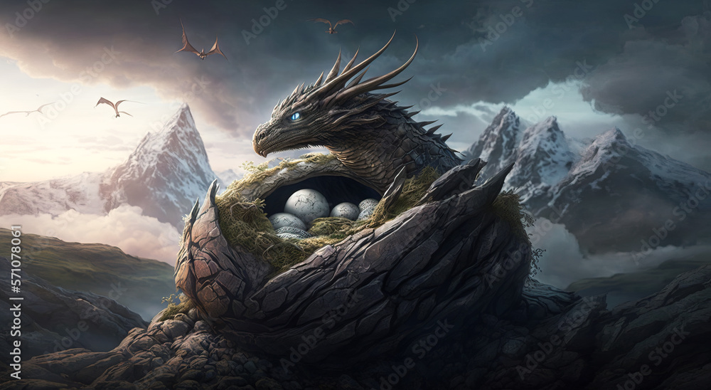 Nesting female dragon watching over her nest, high up in the mountains. Image created with ...