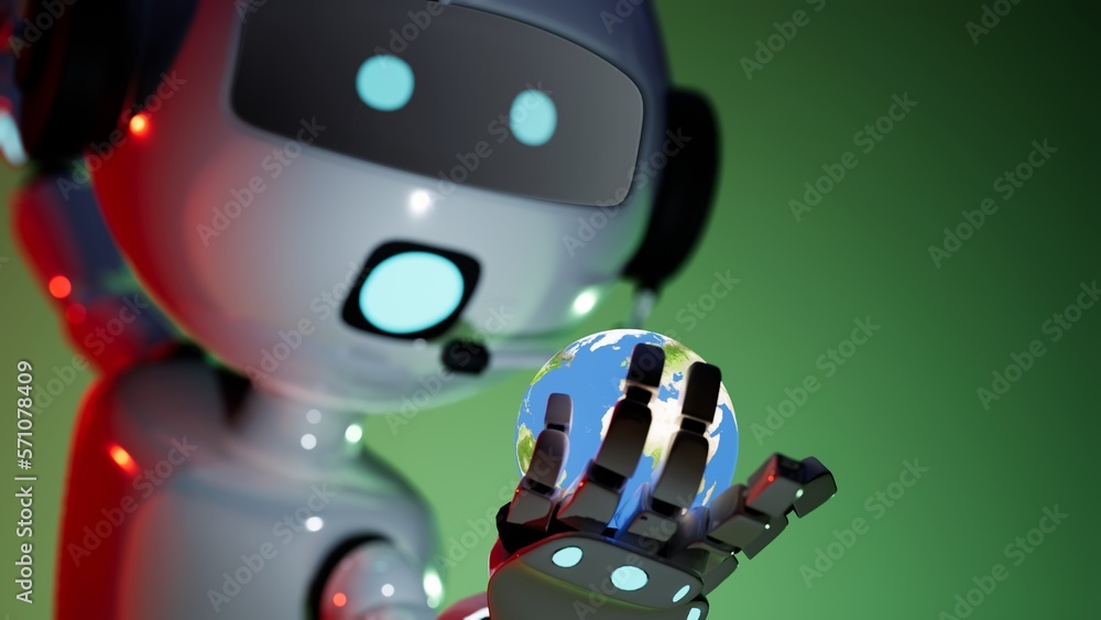 3d render of robot chatbot hand with our earth green background. A.i ...