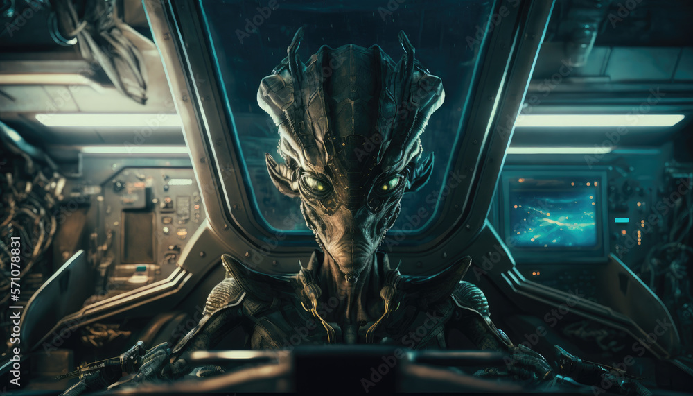 Humanoid Alien Lifeform Pilot in UFO Cockpit. Generative AI. Stock ...