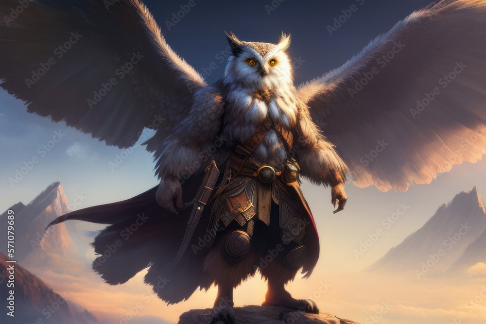 Fantasy Humanoid Owl with Wings Spread Wearing Armor Standing on Rocky ...