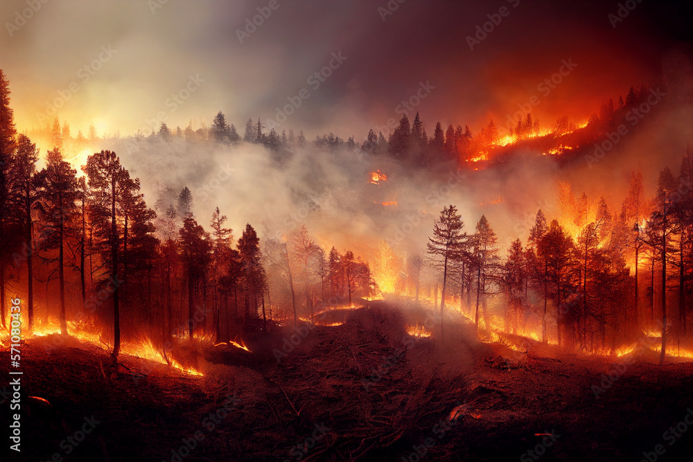 Forest fire disaster illustration, trees burning at night, wildfire ...