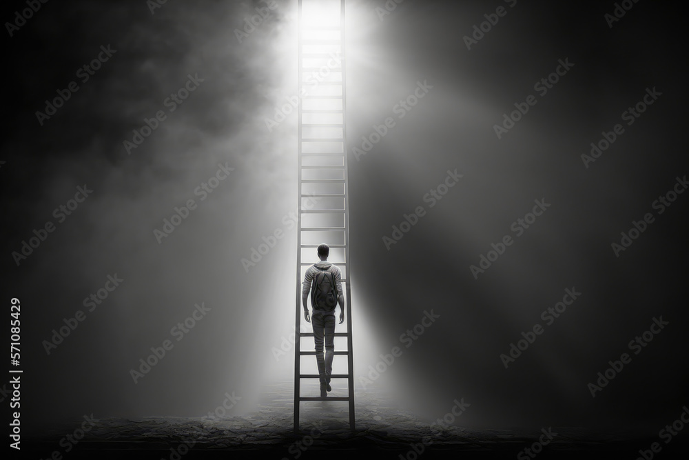 A man stands before a ladder, his hand resting on the rung as he gazes ...