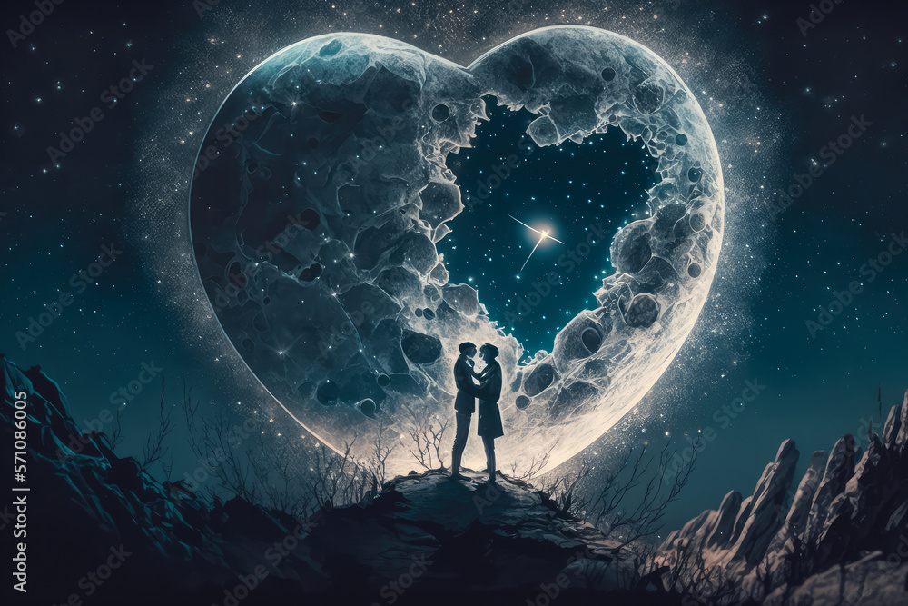 Heartfelt Love - a romantic illustration of a couple embracing under a ...