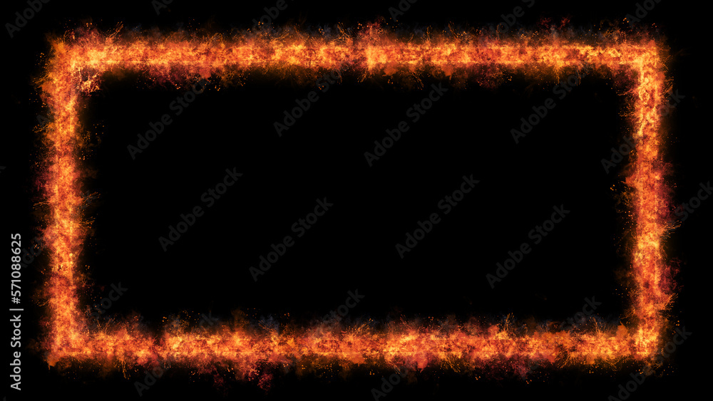 Fire frame in the shape of square on black background. Rectangle line ...
